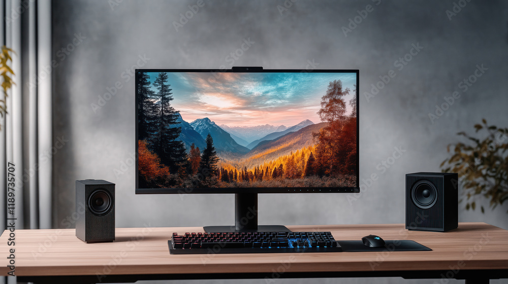 Modern computer setup with RGB keyboard, colorful desktop background ...