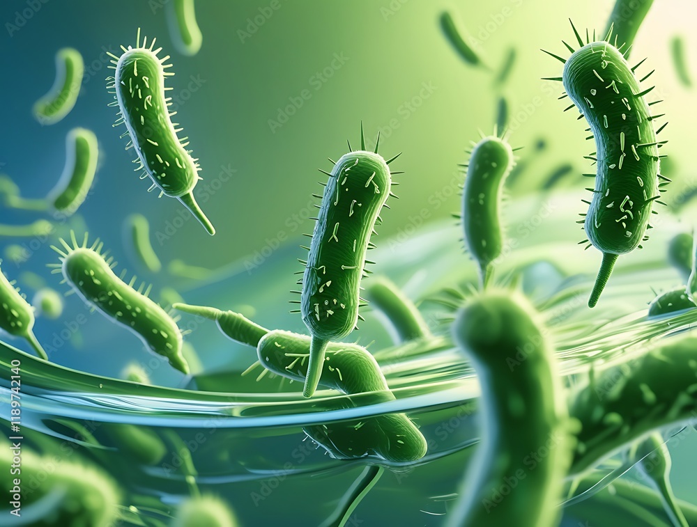 Microscopic view of green bacteria cells with spiked surfaces in a fluid environment ...