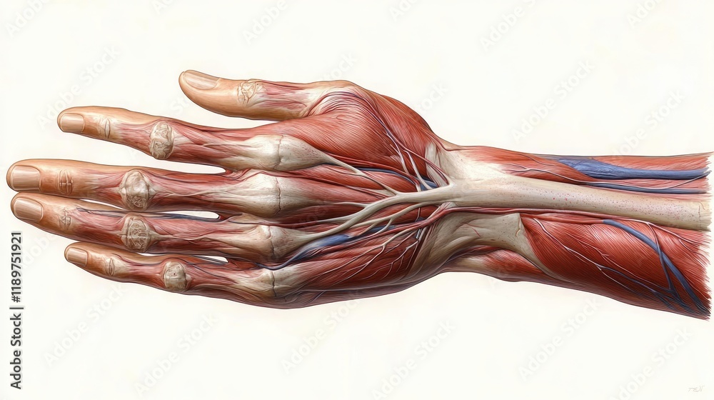 Anatomical Illustration of Female Hand Anatomy Ventral View Muscle ...