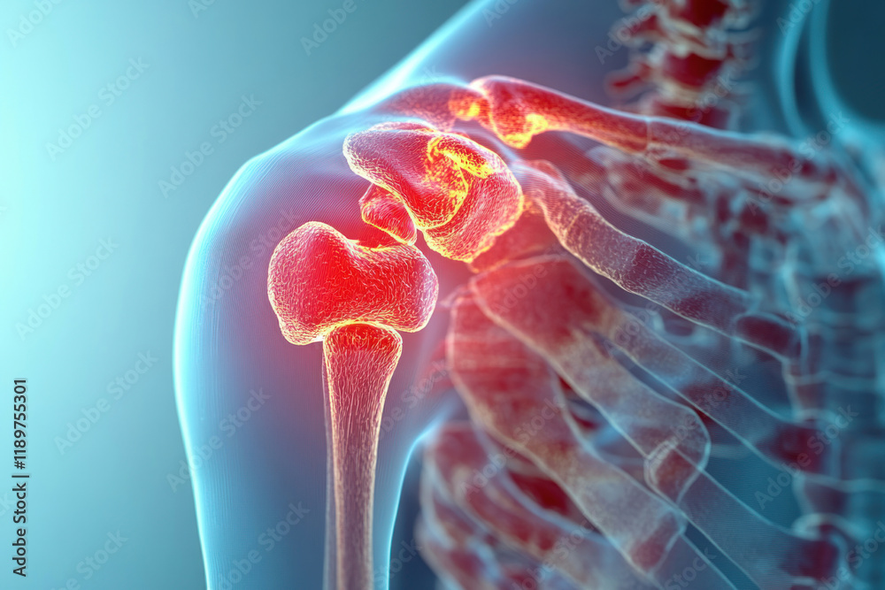 Anatomical model of the shoulder joint, focusing on its internal ...