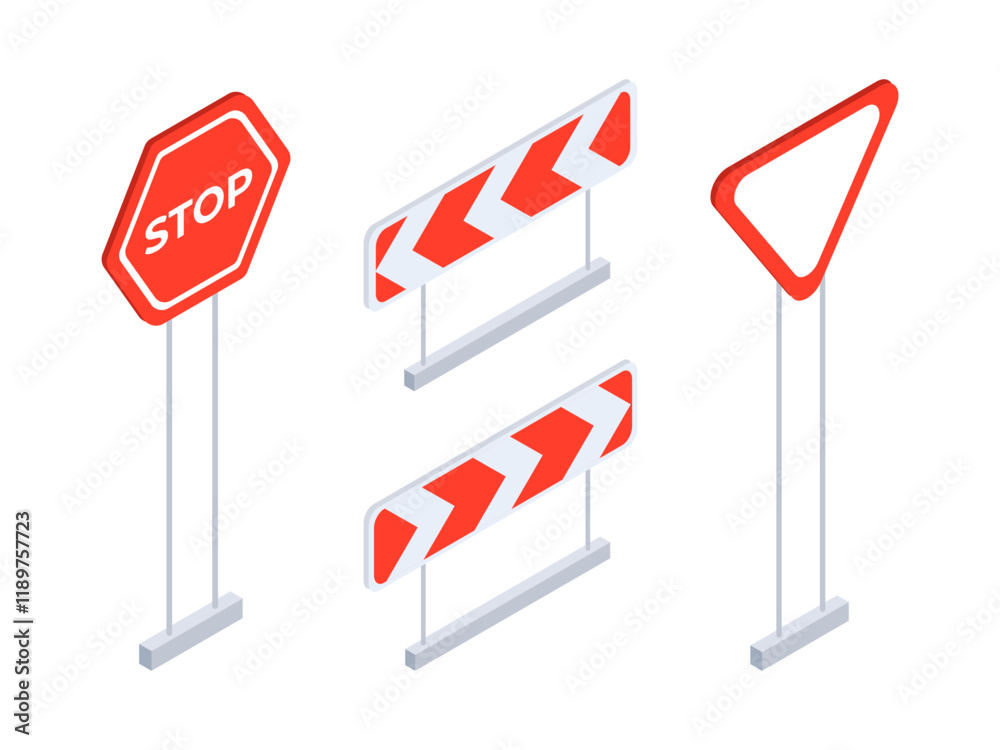 City road signs. Isometric urban city parking and dead end signs ...