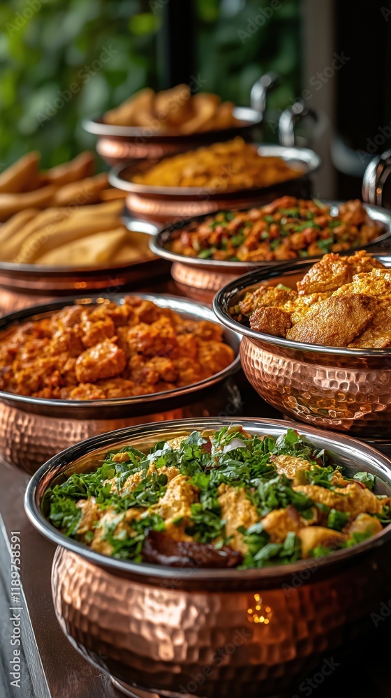 Rajasthani wedding reception buffet spread. Copper chafing dishes ...