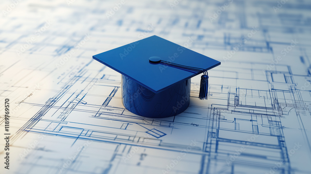Graduation Cap Symbol on University Campus Blueprint Symbolizing ...
