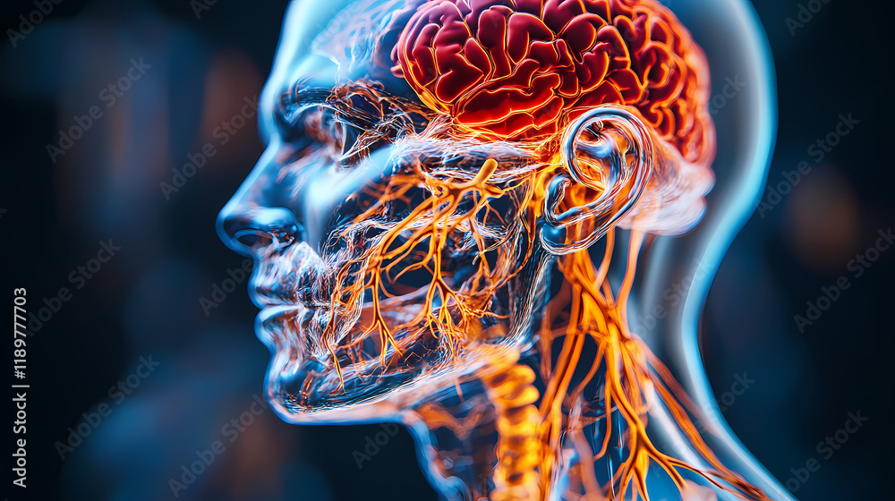 Anatomy of the brain and nerves in a 3d illustration of the male human ...
