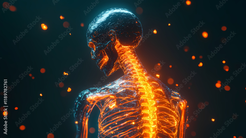 3d skeleton view with the entire spine and surrounding muscles glowing ...