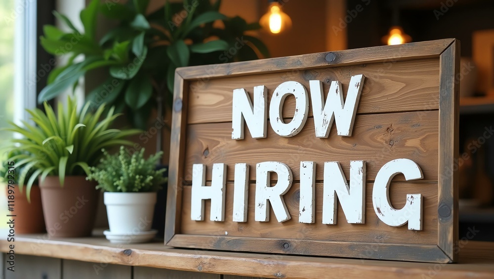 now hiring is boldly displayed in a rustic, hand-painted style on a ...