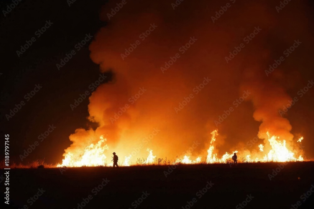 A dramatic wildfire spreads across a dry grassland, with flames ...