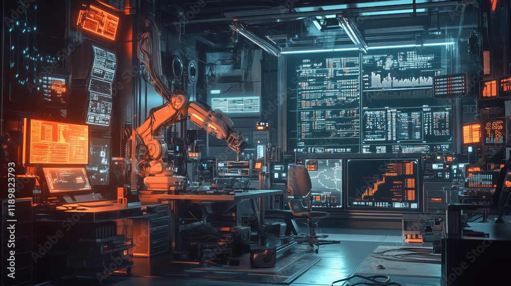 High-Tech Robotics Lab with Cutting-Edge Machines and Abstract Market ...