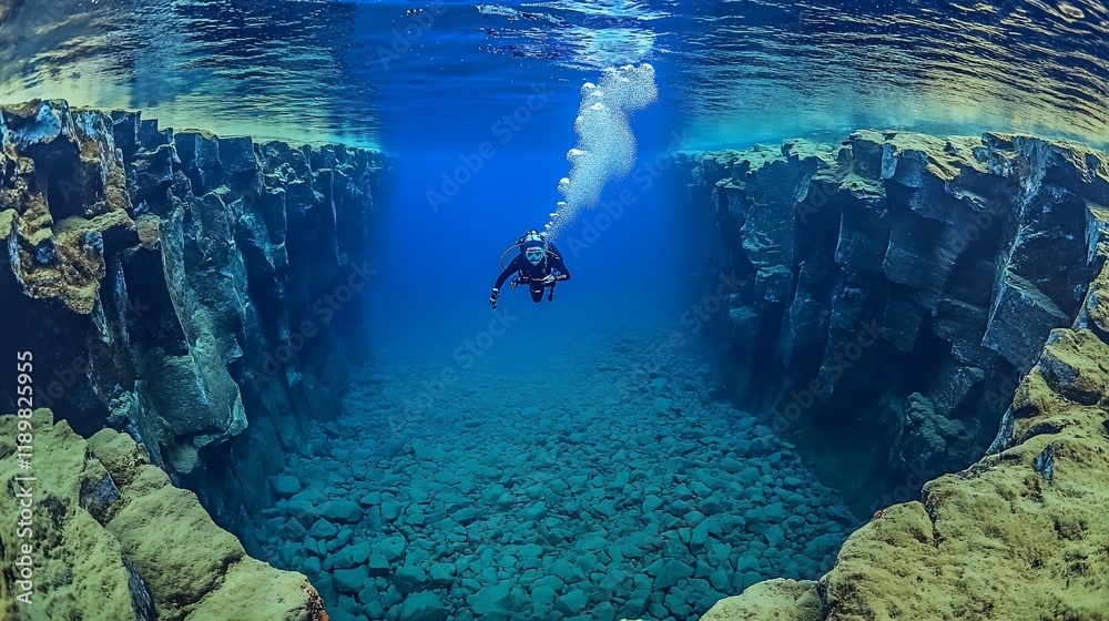 Underwater Diver in Iceland's Tectonic Plates Stock Illustration ...