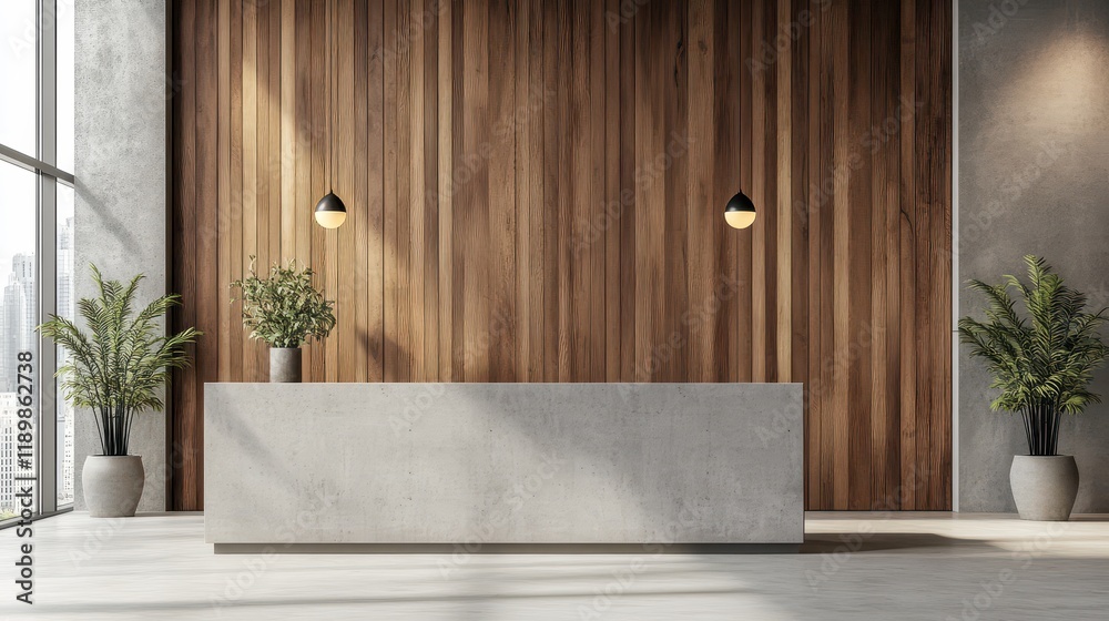 Sleek reception area featuring a concrete desk and a wooden panel wall ...