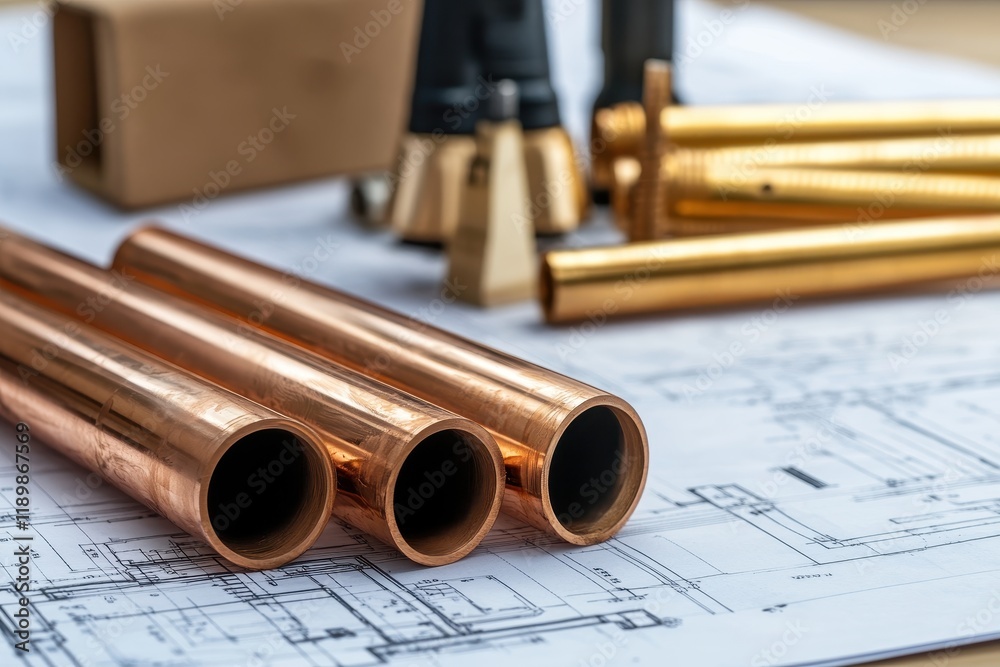 Copper pipes on architectural blueprints illustrating plumbing design ...
