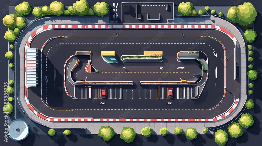 Top-Down View of a Go-Kart Track with Pit Stops and Green Trees Stock ...
