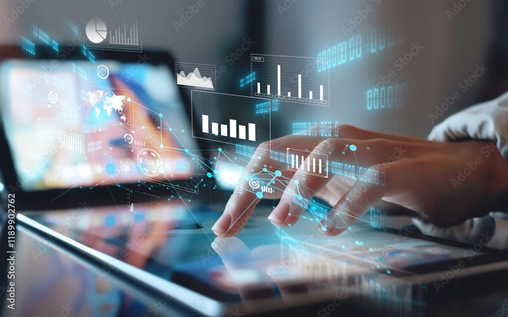 Business person delve into data analytics to uncover trends and insights from predictive big ...