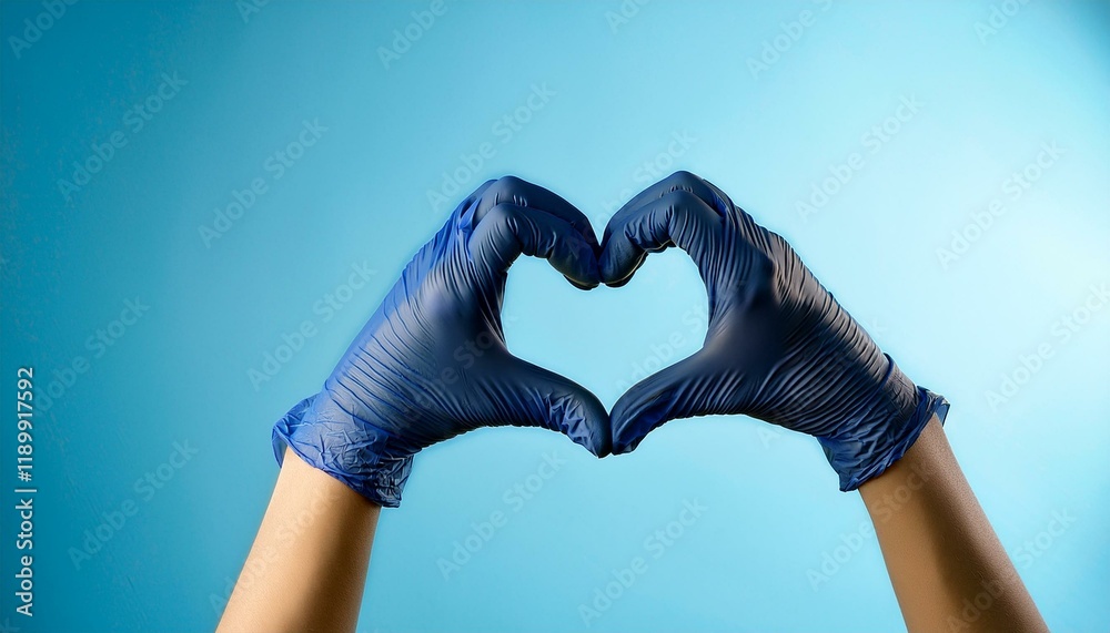 Heart-shaped hands in blue gloves against a light blue background. A ...