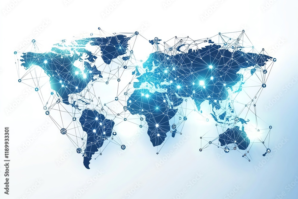 A world map featuring glowing international business connections, digital nodes linking ...