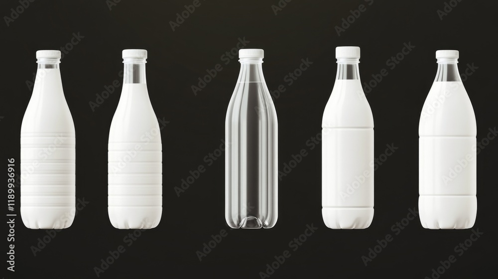 51.A set of milk bottles of differing capacities, rendered with ...
