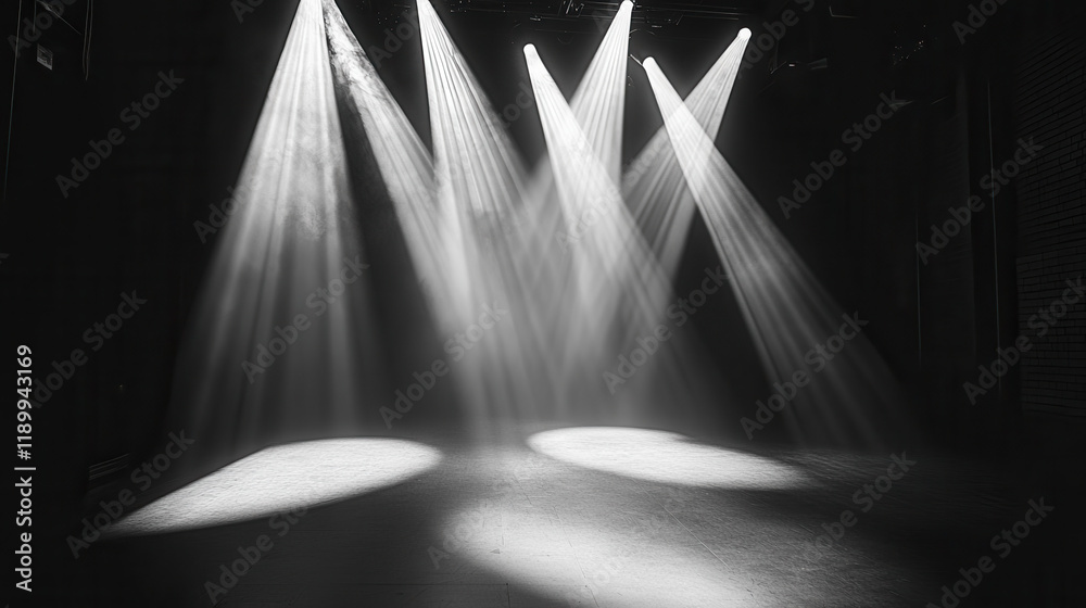 Black-and-white photography of an empty stage with spotlights shining ...