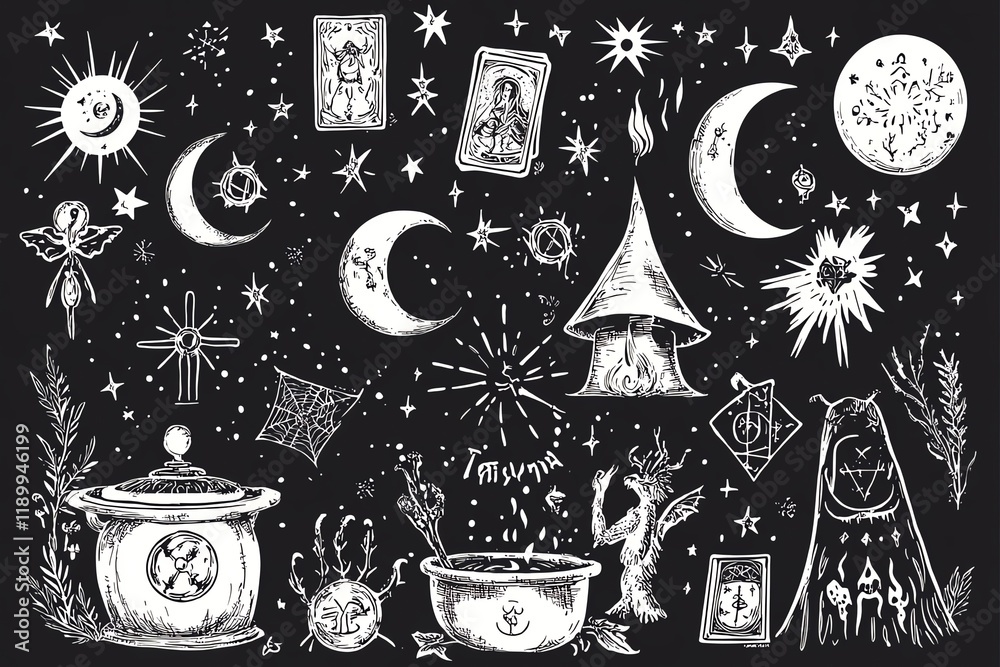 Handdrawn witch magic symbols in a vector style, featuring cauldrons ...