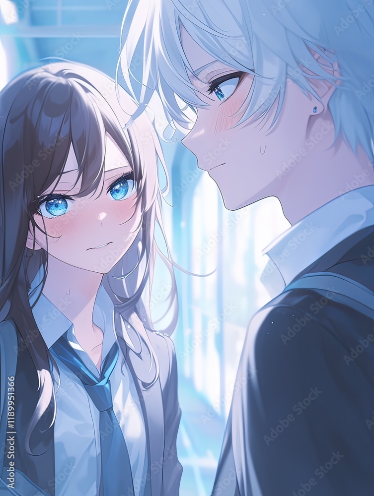 an anime boy with white hair and blue eyes in a formal suit, smiling ...