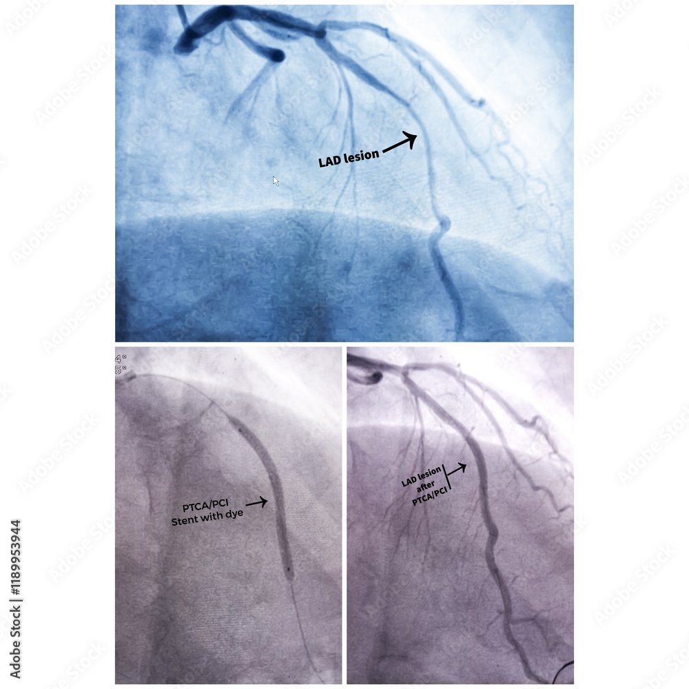 Coronary angiogram and PTCA or PCI of LAD of left coronary artery ...