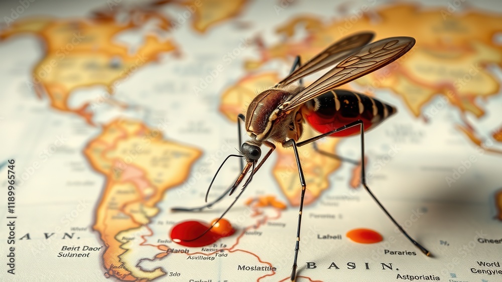 Mosquito on World Map Macro - Blood-Filled Anatomy, Detailed Geography ...