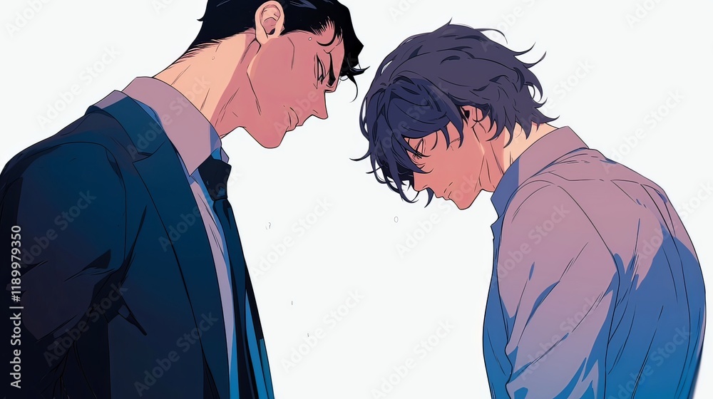 two men facing each other in profile. The first man is tall and thin ...