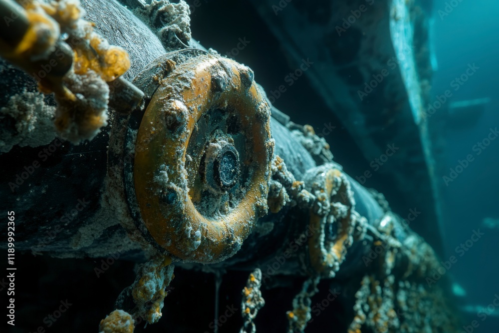 Underwater View of a Corroded Industrial Pipe with Barnacles and Marine ...