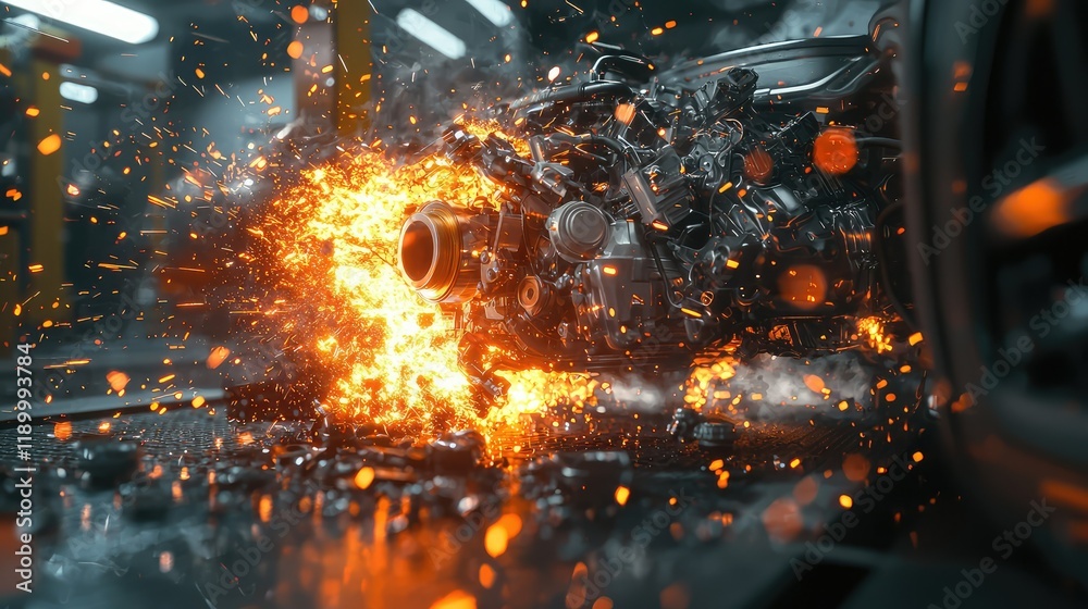 Spark and Explosion from Engine Damage in Auto Repair Shop Stock ...