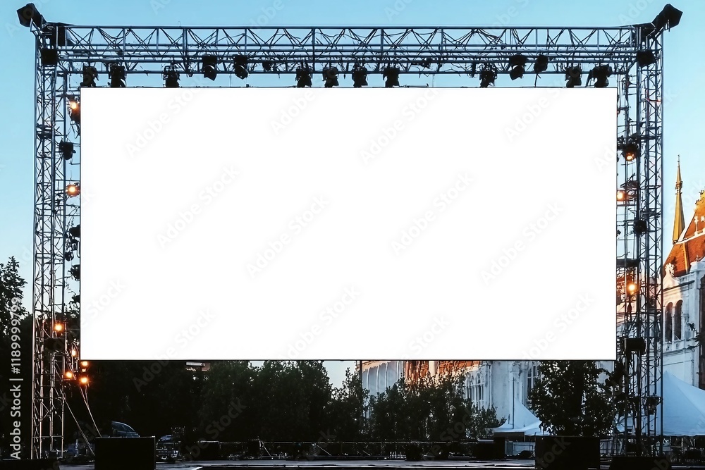 Banner white empty mockup billboard.Equipment on stage for the concert ...