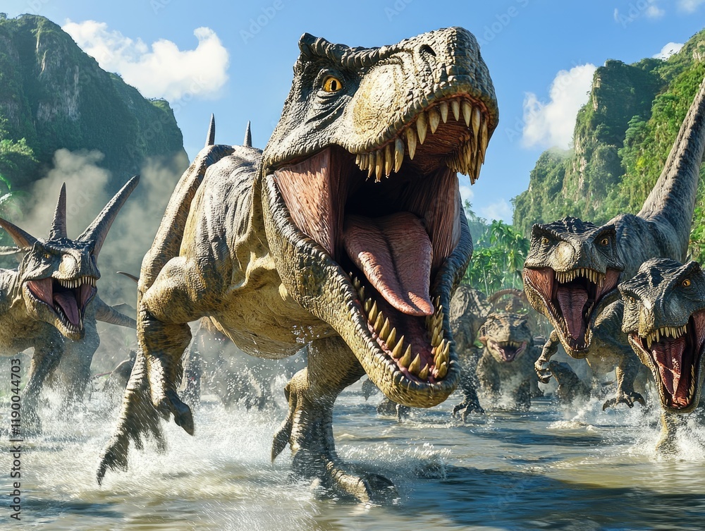 Dinosaurs charging through water, jungle backdrop; prehistoric wildlife ...