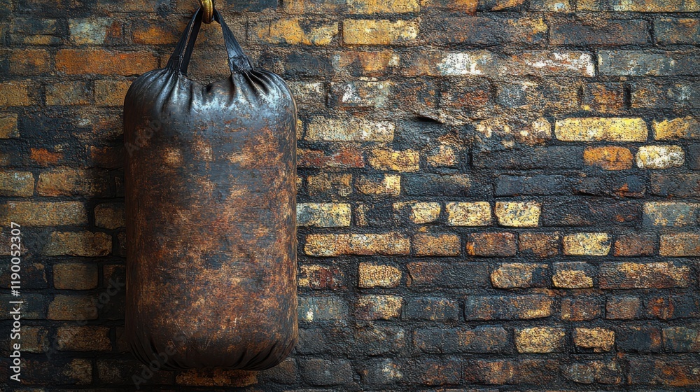 black punching bag with a blank space and a gritty brick wall ...