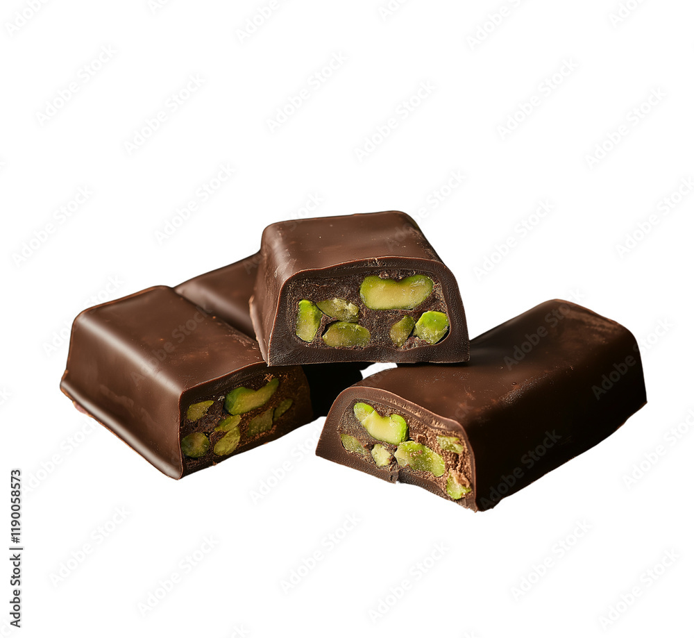 Product photography of chocolate bars with pistachio filling, one bar ...