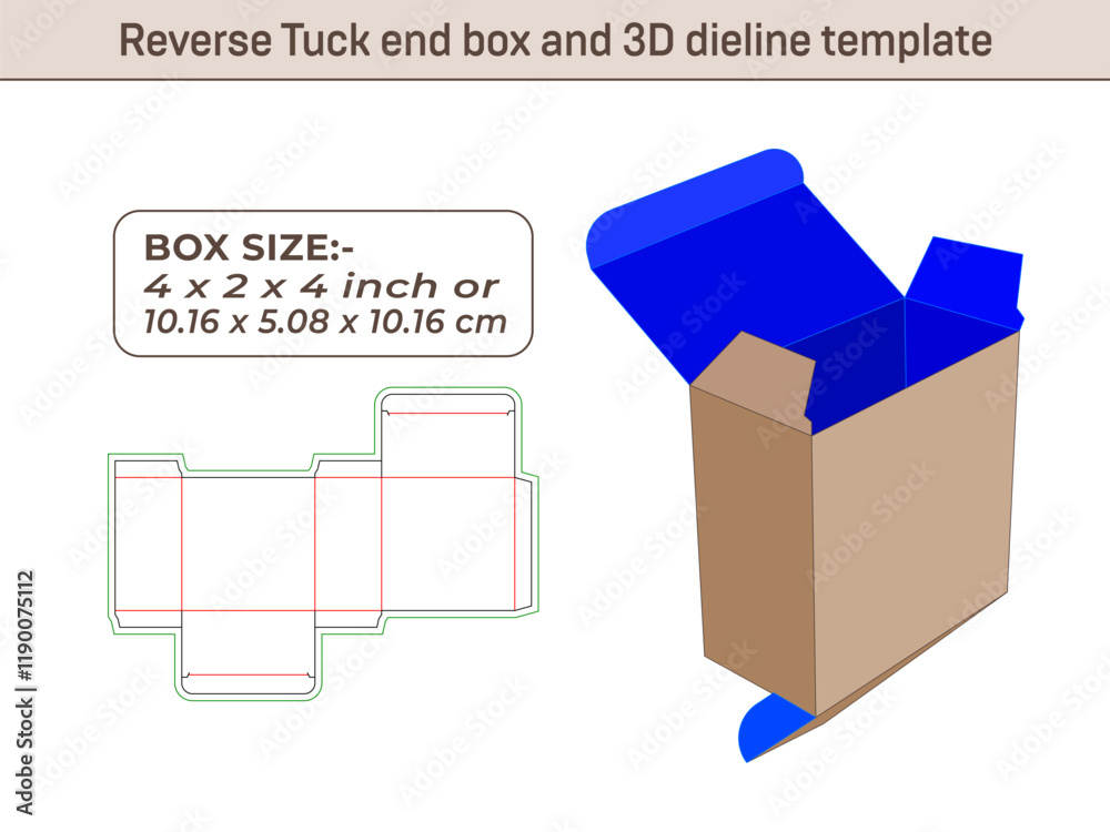 Reverse Tuck end box and 3D dieline template 4x2x4 Inch Stock Vector ...