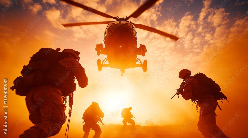 Military Helicopter Extraction: Silhouetted soldiers against a fiery ...