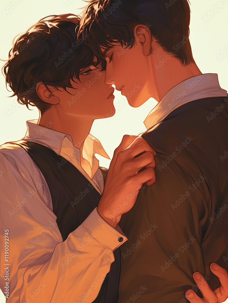 Two young men kissing, one with short hair and the other wearing an unbuttoned shirt, portrayed ...