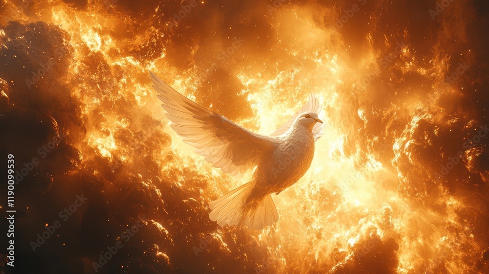 holy spirit dove in flames white dove flying on golden fire background ...