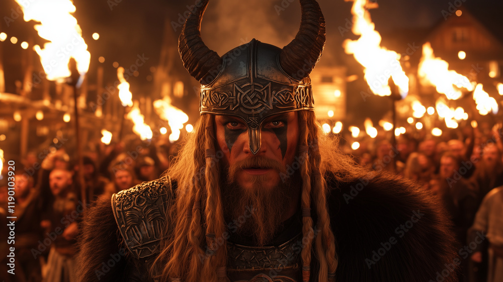 Up Helly Aa Festival, Fierce Viking Warrior in Epic Costume, Night Fire ...