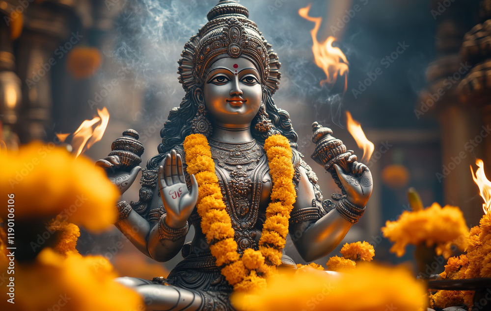 Hindu Goddess Saraswati Statue Surrounded by Flames, Flowers, and Puja ...