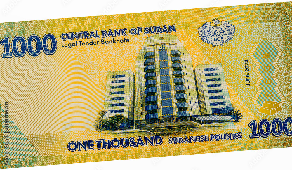 Bank of Sudan headquarters building in Khartoum; bank logo; stack of ...