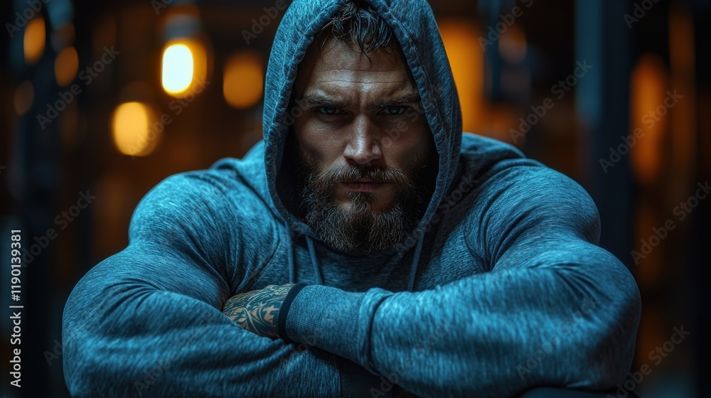 strong body skull in hoodie sitting on bench press with big biceps at ...