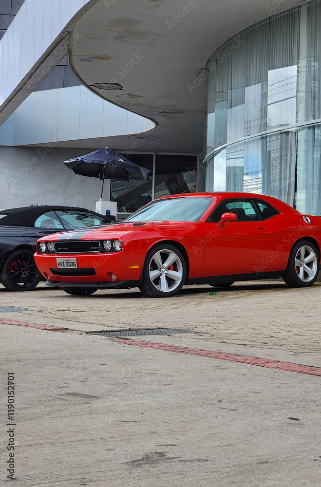 Orange Dodge Challenger SRT front view, Muscle car three quarters ...