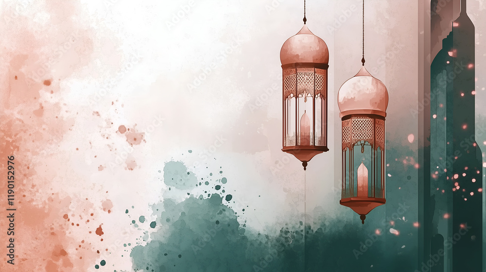 islamic watercolor ramadan lantern background with free space, emerald ...