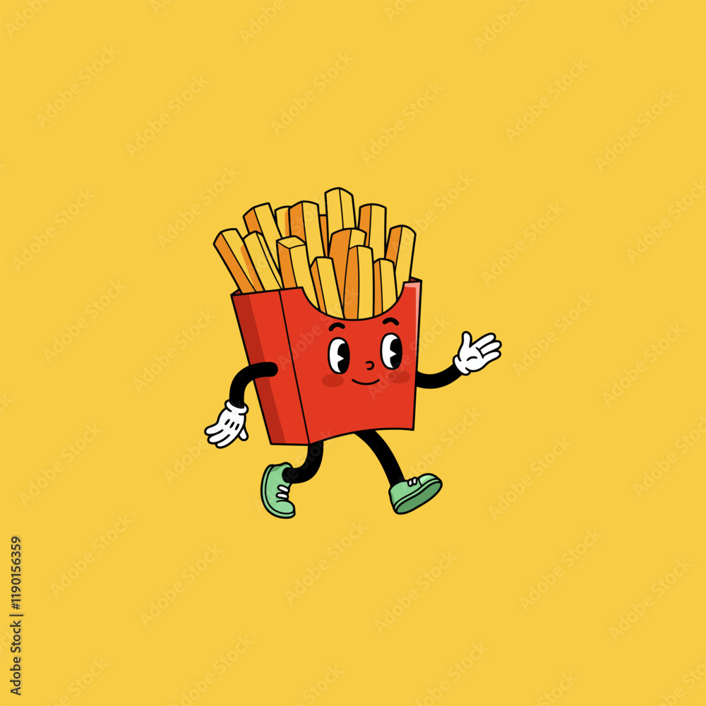 A cheerful cartoon french fries container character strides across a ...