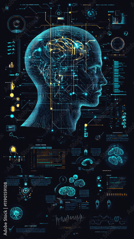 AI-generated set of icons for AI-powered systems, including data-driven symbols, machine ...