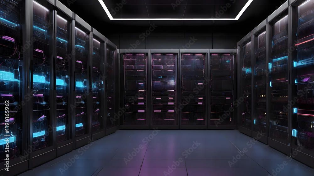 Generative AI image of dark, large, networked servers room with neon ...