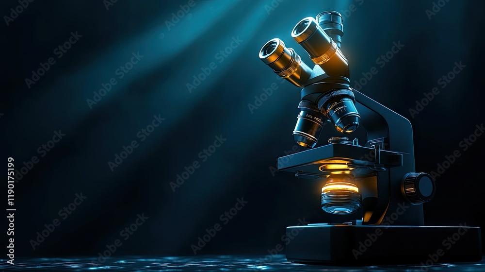 Conceptual photo of a microscope with triple lenses, highlighted under ...