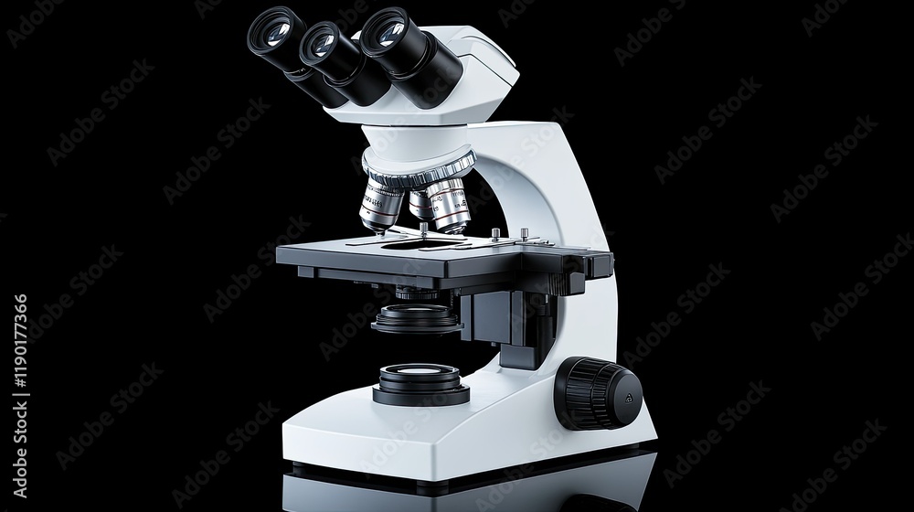 Elegant image of a microscope with three lenses, its details shining on ...