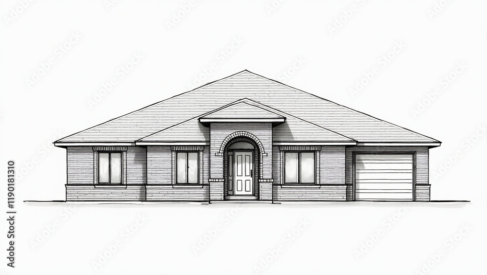 One-Story House Plan: Architectural rendering of a single-story house ...