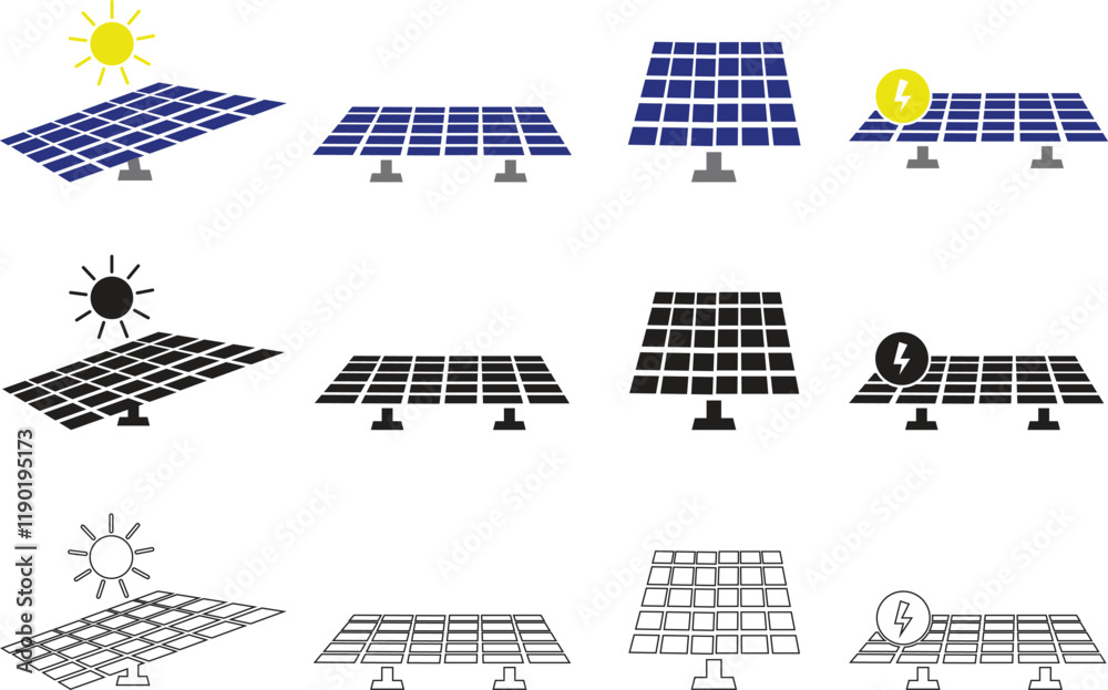 Solar system plates icon set. The main solar panel types flat and line ...