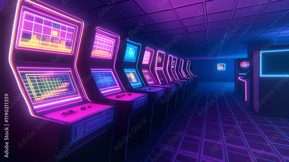 Using Stock technology, the 80s video game scene is created in purple ...